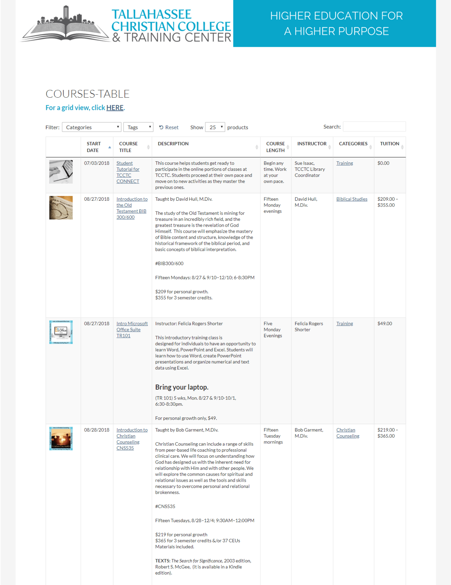 Higher Education Training Courses List WordPress Plugin